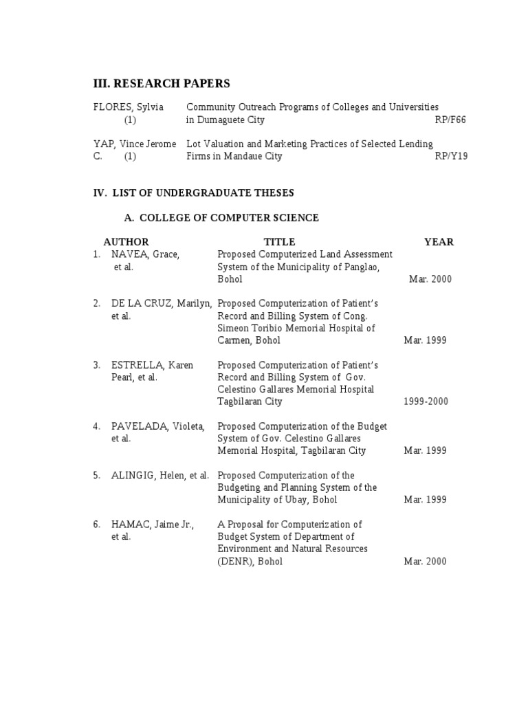 III. Research Papers and IV. List of Undergrad. Theses | PDF | Business