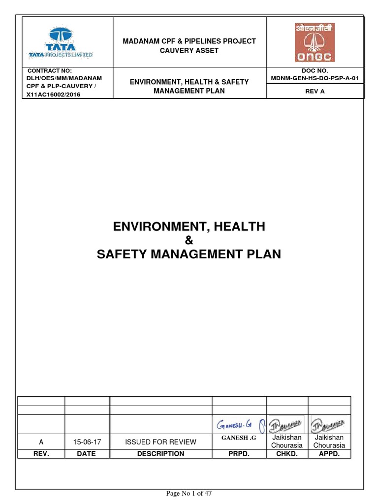 Environment, Health & Safety Management Plan: Madanam CPF & Pipelines ...