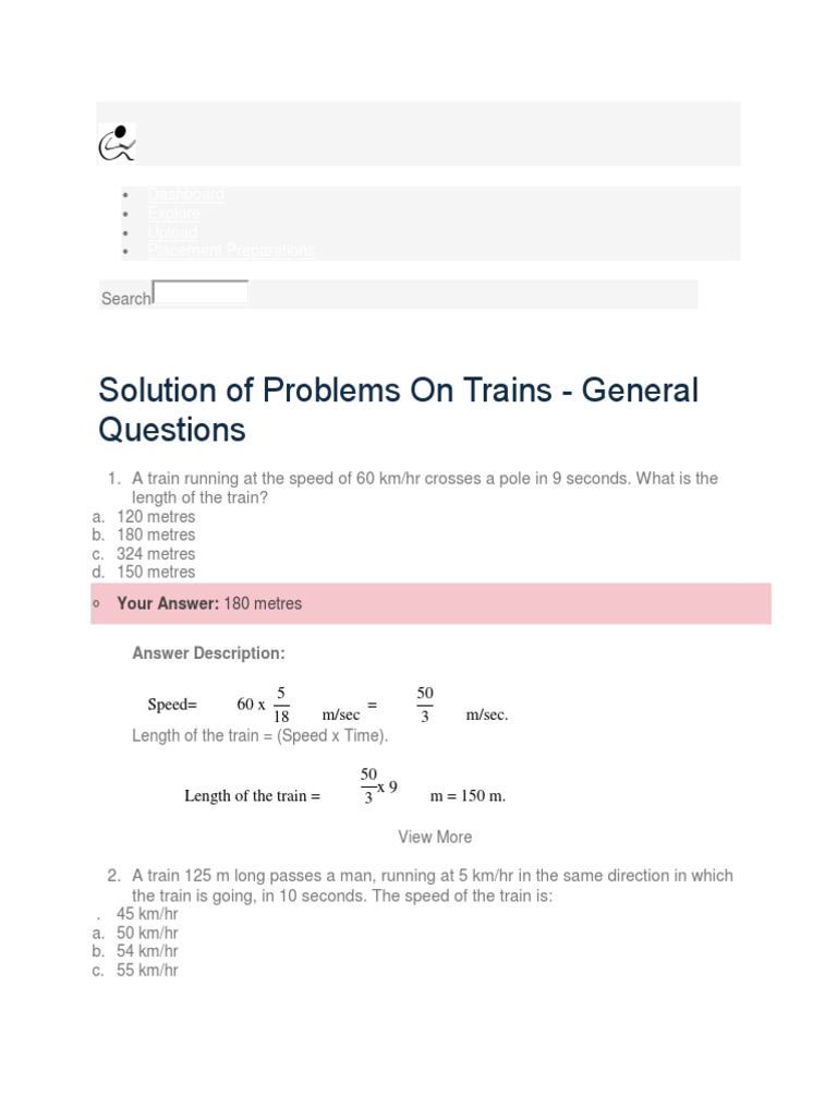 Solution of Problems On Trains - General Questions: Lecturenotes | PDF ...