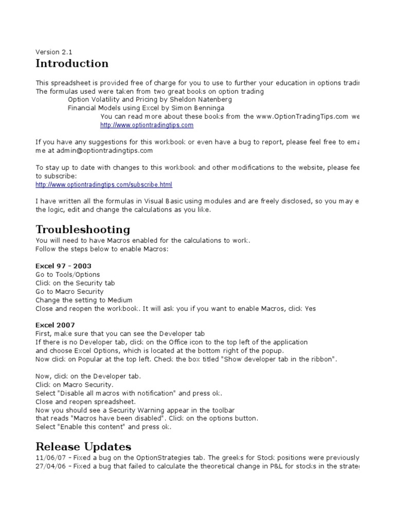 Free Options Trading Excel Workbook | PDF | Greeks (Finance) | Option ...