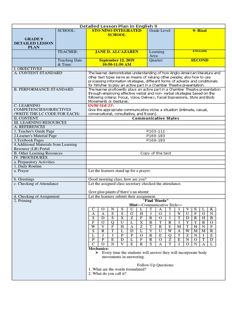 Detailed Lesson Plan in English 9 Sto Niño Integrated School 9-Rizal ...