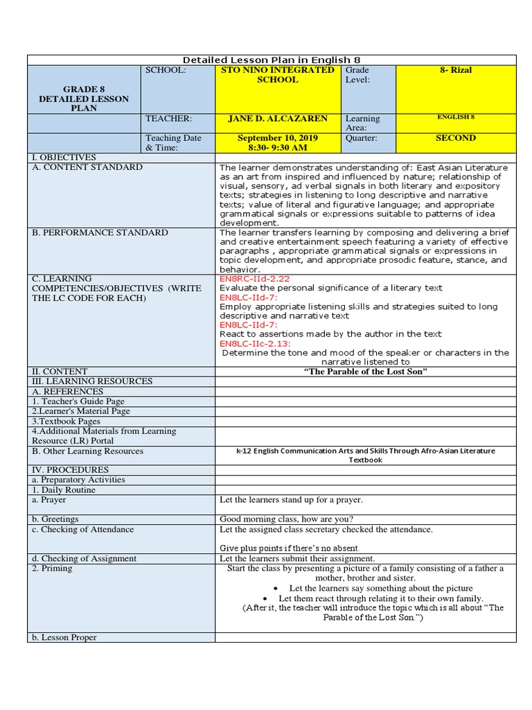 Detailed Lesson Plan in English 8 Sto Niño Integrated School 8-Rizal ...