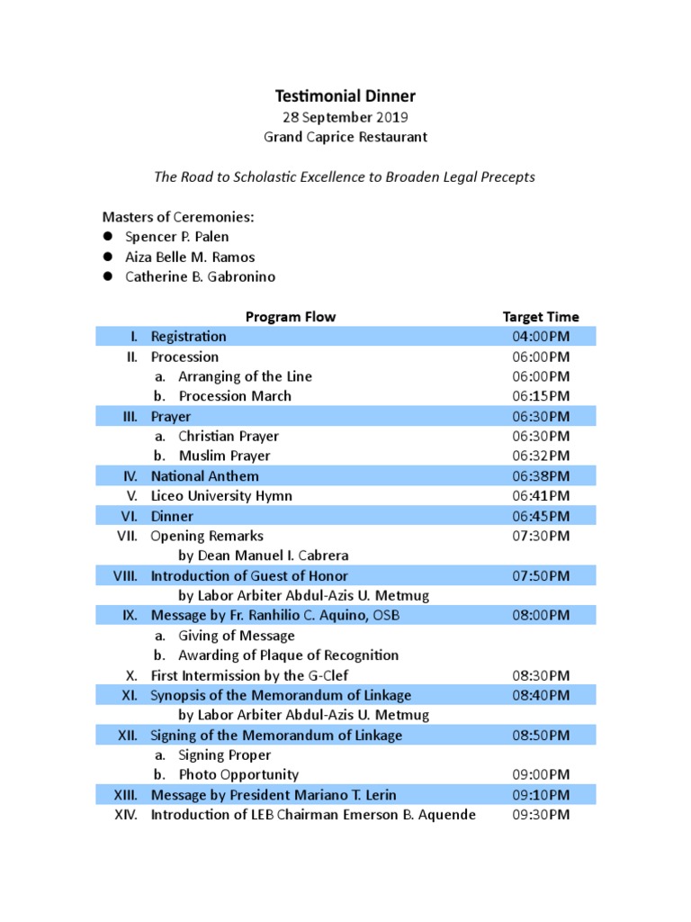 Testimonial Dinner 2019 Flow | PDF | Legal Education | Vocational Education