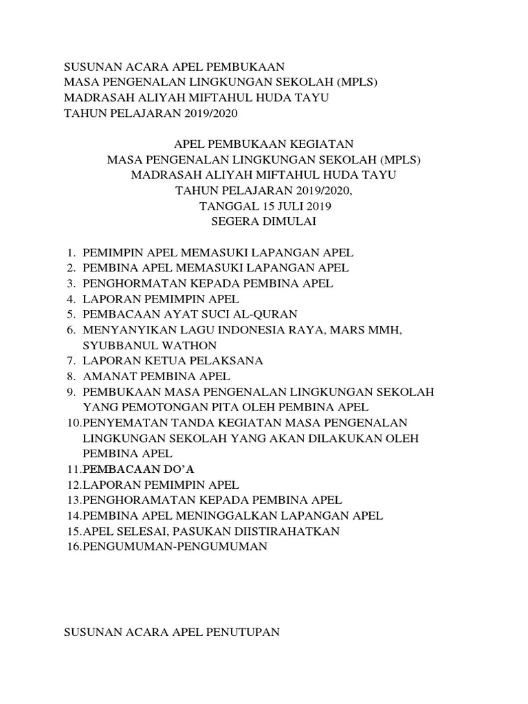 Susunan Acara Apel Pembukaan MPLS | PDF