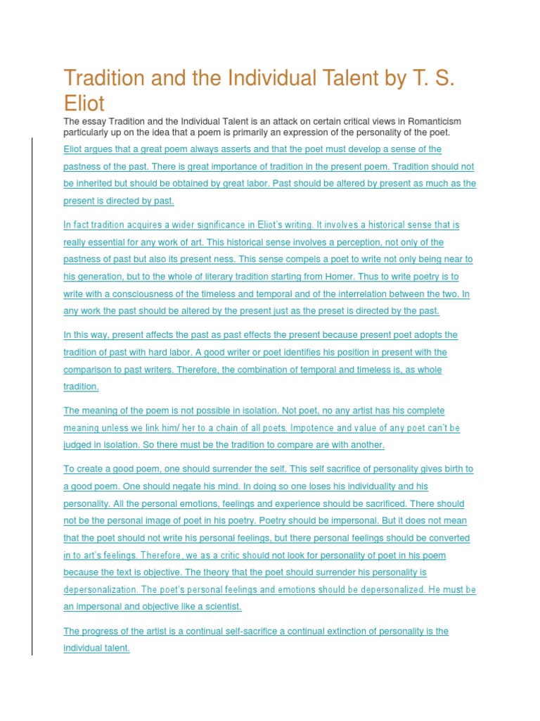 Tradition and The Individual Talent by T. S. Eliot | PDF | Hamlet ...