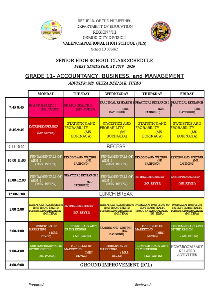 Senior High School Class Schedules for First Semester SY 2019-2020 ...