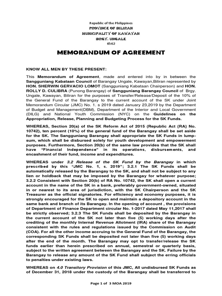 Memorandum of Agreement For Transferring SK Fund | PDF | Government ...