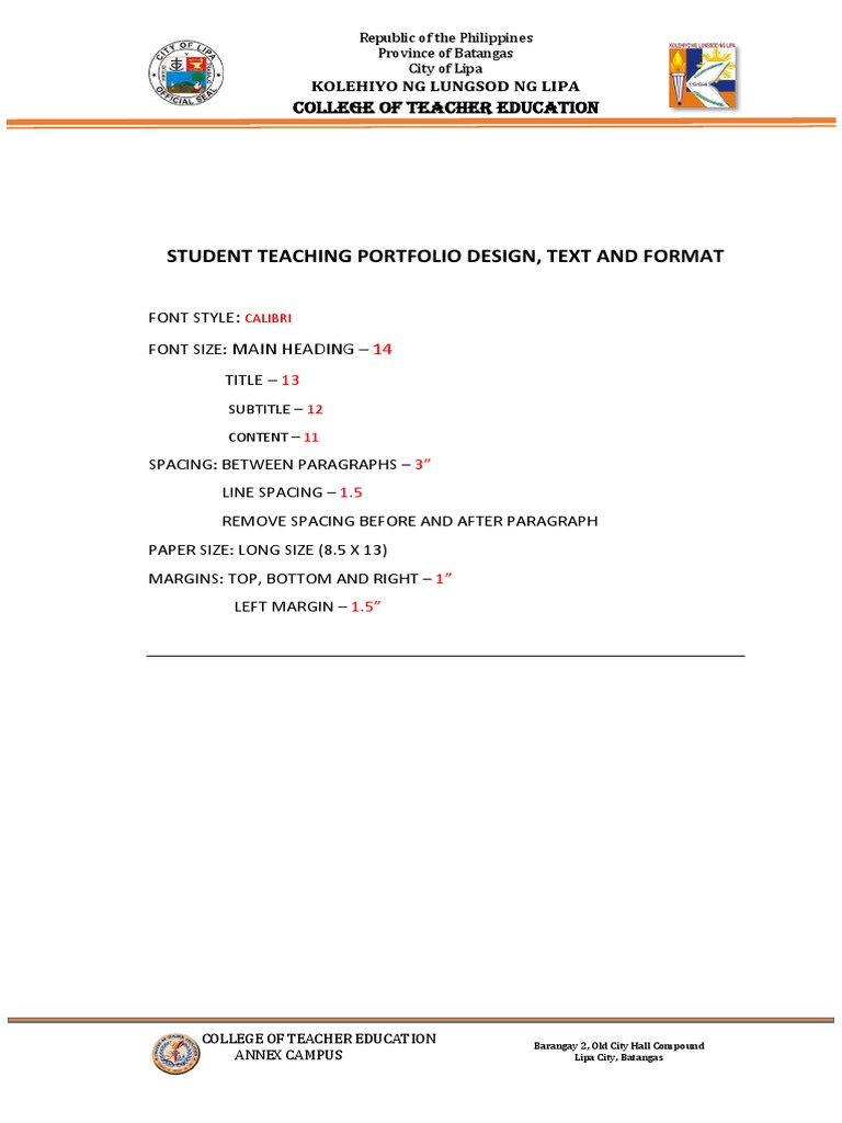 Student Teaching Portfolio Design, Text and Format: College of Teacher ...