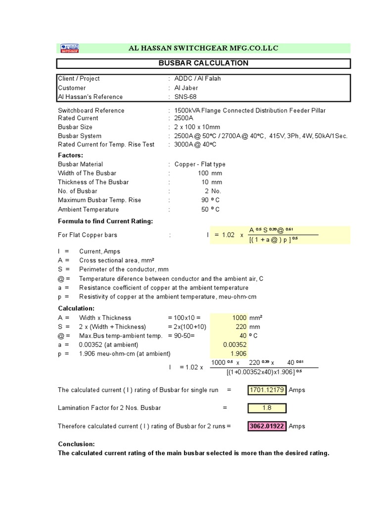 Al Hassan Switchgear MFG - Co.Llc Busbar Calculation: Factors | PDF | Electrical Conductor ...