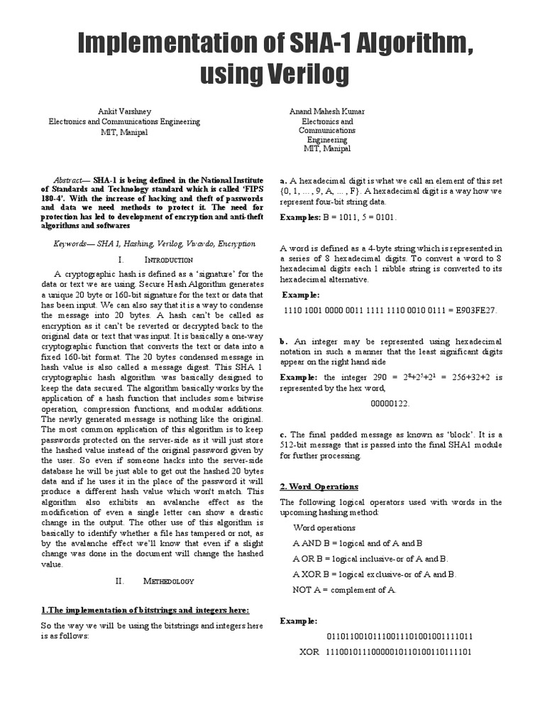 Implementation Of Sha 1 Algorithm Using Verilog Pdf Cryptography