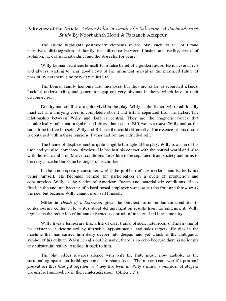 A Review of The Article: Arthur Miller's Death of A Salesman: A ...