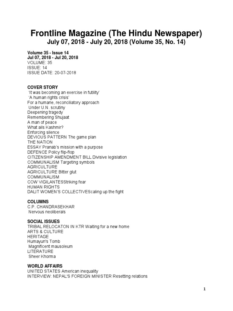 Frontline Magazine (The Hindu Newspaper) July 07, 2018 - July 20, 2018 ...
