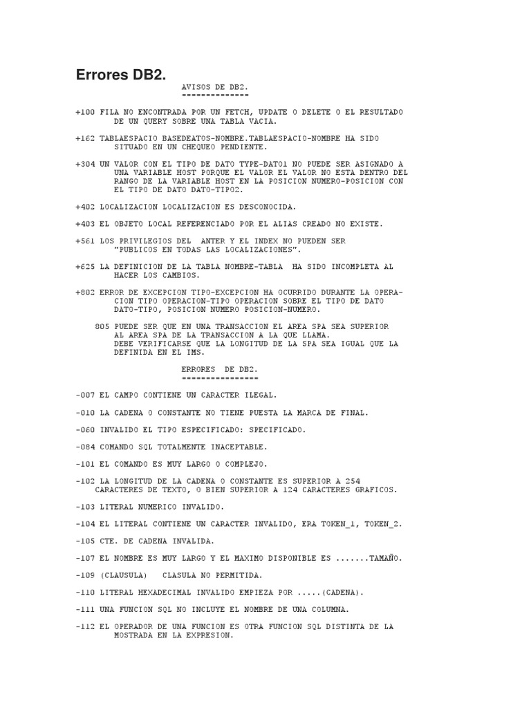 Errores DB2 | PDF | SQL | Bases de datos