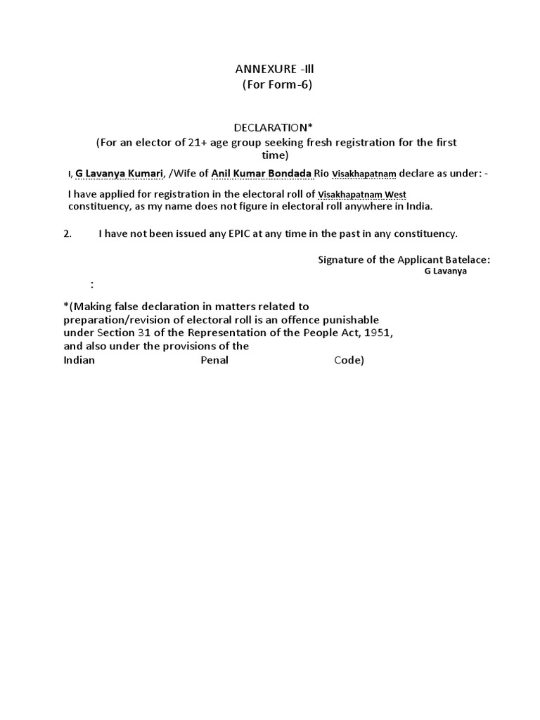 Annexure - Ill (For Form-6) : G Lavanya Kumari, /wife of Anil Kumar ...