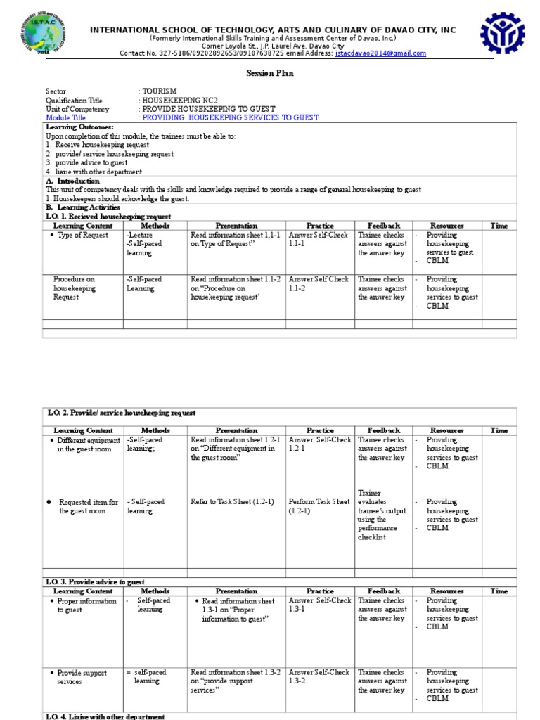 03 Sample Session Plan - Housekeeping | PDF | Teaching | Learning 03 Sample Session Plan - Housekeeping | PDF | Teaching | Learning