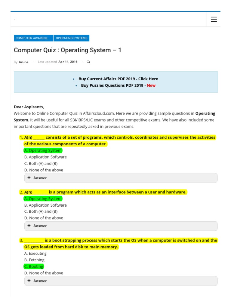 Computer Quiz: Operating System - 1: Buy Current Affairs PDF 2019 ...
