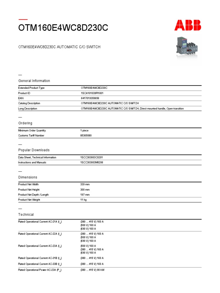 Otm160E4Wc8D230C Automatic C/O Switch | PDF | Switch | Electrical Equipment