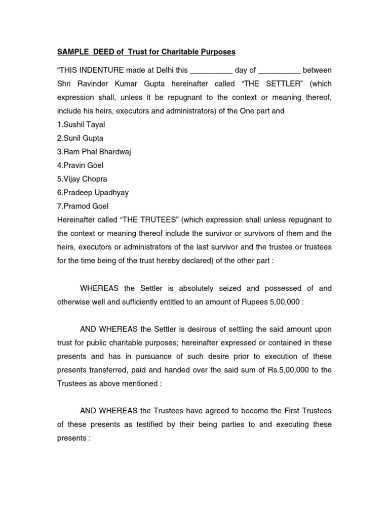Charitable Trust Deed Sample Format | PDF | Trust Law | Leasehold Estate