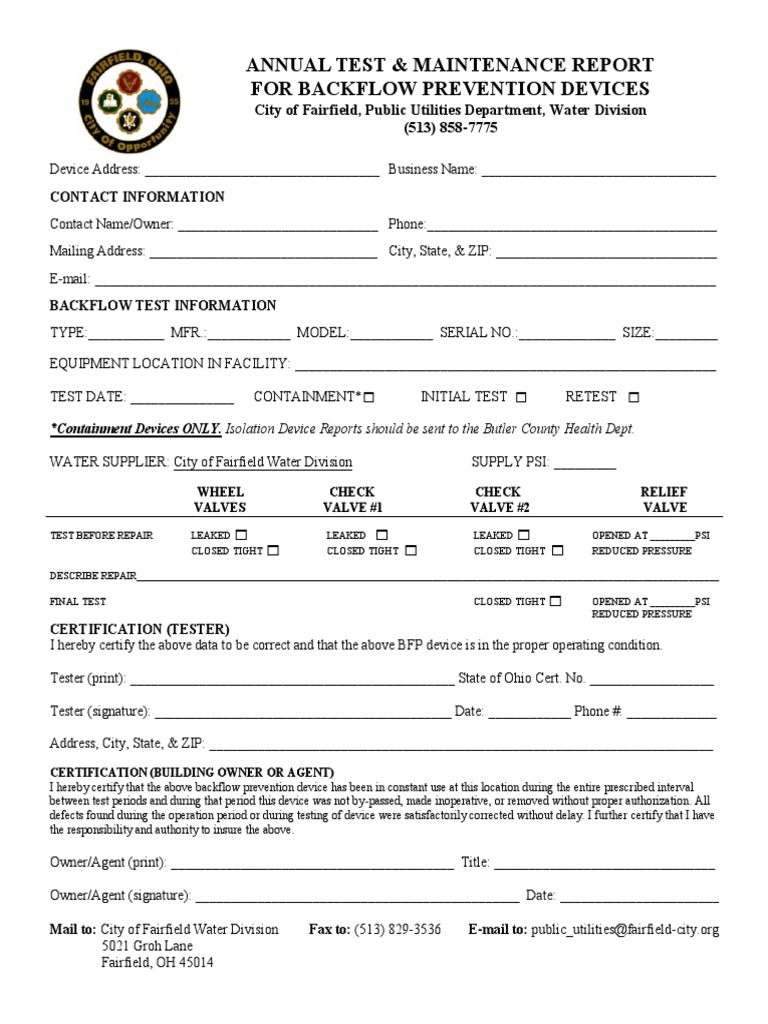 Annual Test & Maintenance Report For Backflow Prevention Devices | PDF ...