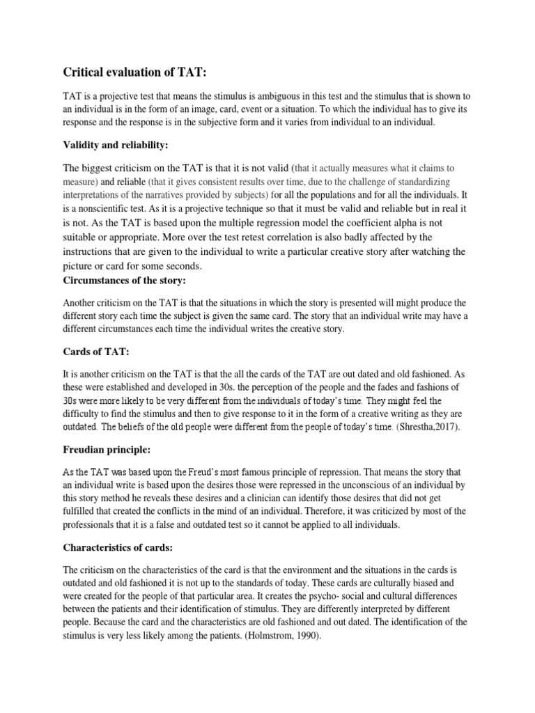 Critical Evaluation of TAT | PDF | Clinical Psychology | Psychology