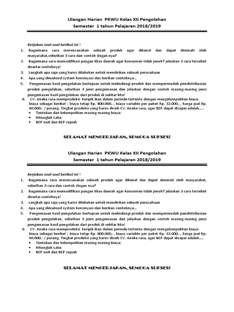 Ulangan PKWU Kelas XII Pengolahan | PDF