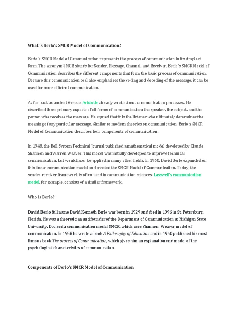 Berlo's SMCR Model Explained | PDF | Communication | Cybernetics