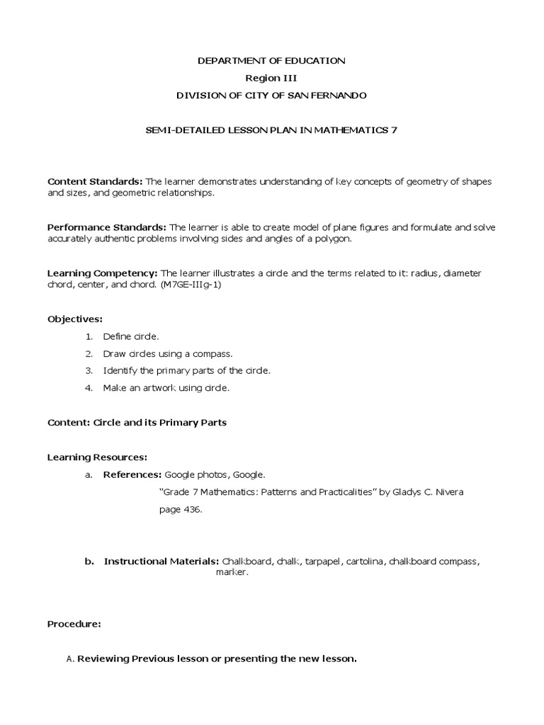 Sample Semi-Detailed Lesson Plan | PDF | Circle | Shape
