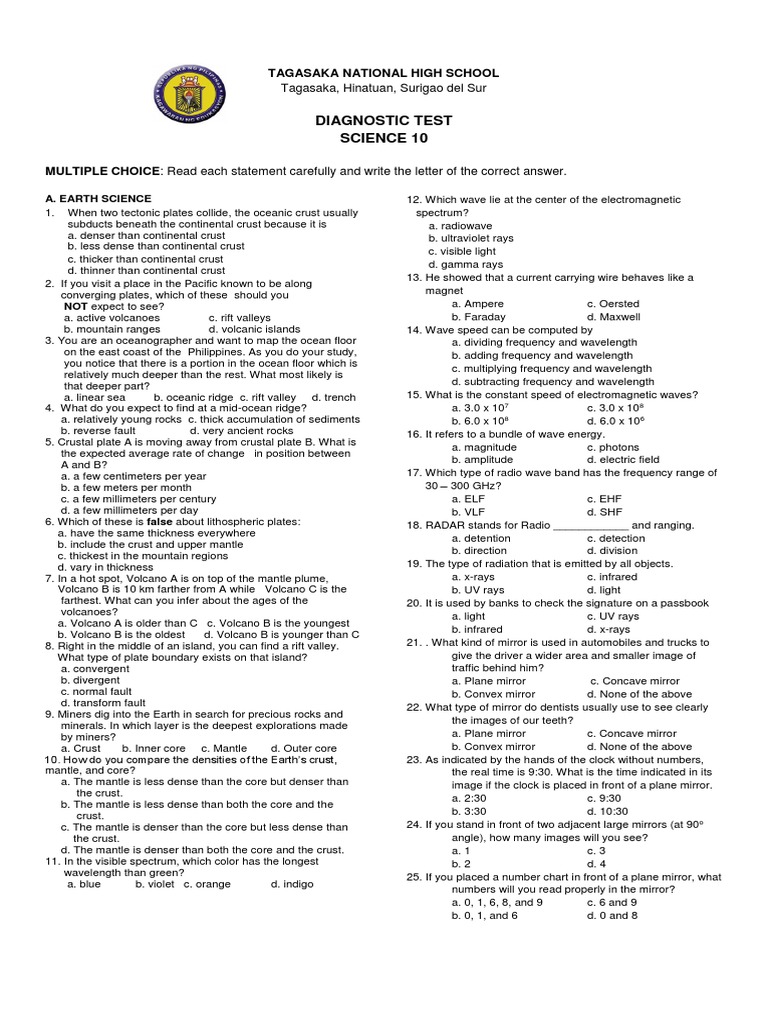 Diagnostic Test Science 10: Tagasaka National High School | PDF ...