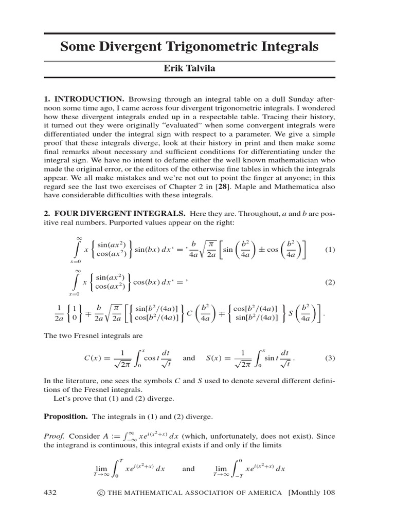 Some Divergent Trigonometric Integrals (Erik Talvila) | PDF | Sine | Integral