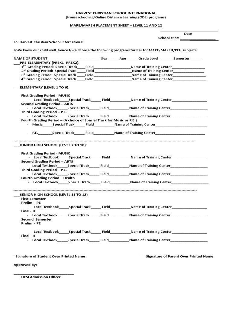 Mape Mapeh or Peh Placement Sheet | PDF | Physical Education | Schools