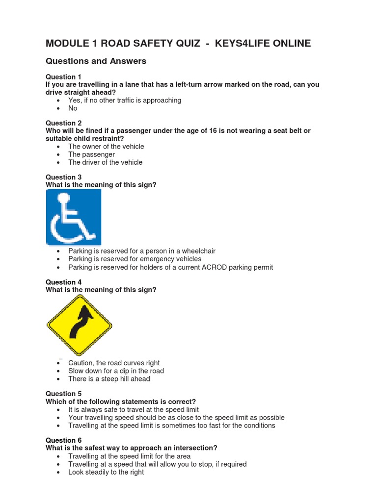 Road Rules Quiz Keys 4 Life Module 1 | PDF | Traffic | Seat Belt