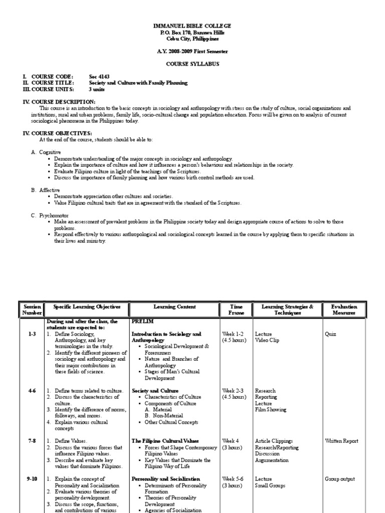 Society & Culture Course Syllabus | PDF | Socialization | Deviance ...