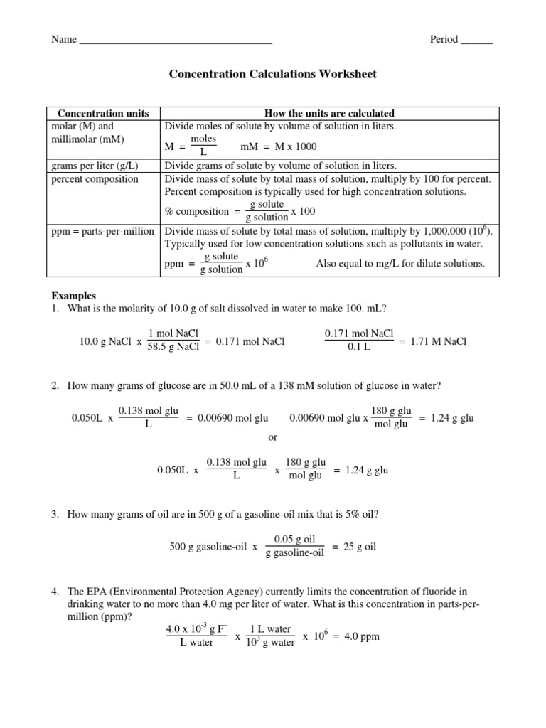 Worksheet - Concentration Calculations - Honors | PDF | Molar ...