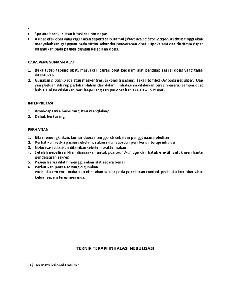 Cara Penggunaan Alat: Teknik Terapi Inhalasi Nebulisasi | PDF
