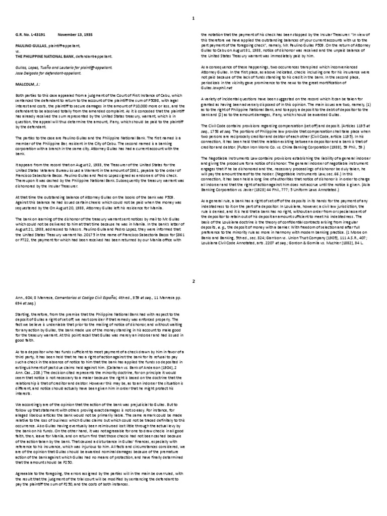 Gullas V PNB 62 Phil. 513 | PDF | Damages | Negotiable Instrument