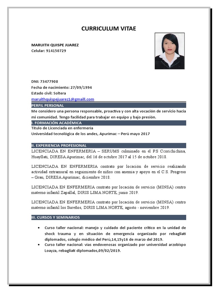CV Licenciada en Enfermeria Maruith Quispe Juarez (Reparado) | PDF ...