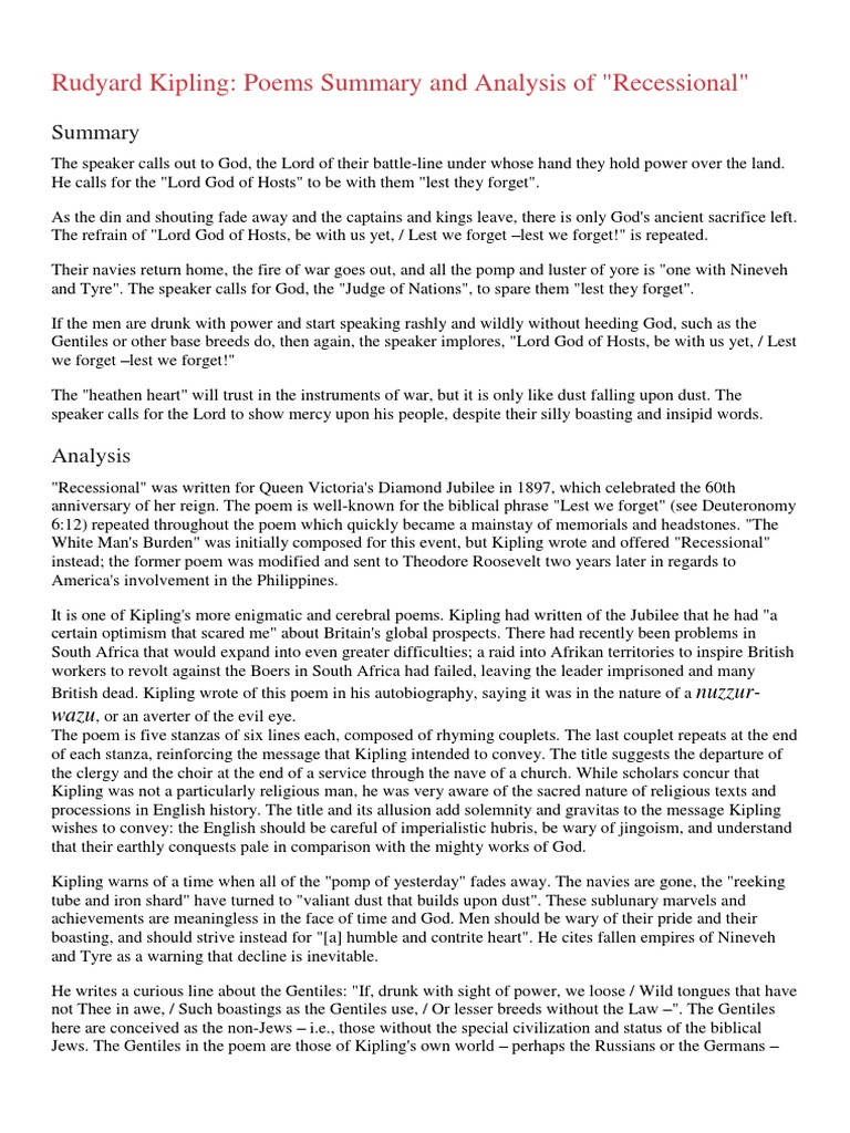 Rudyard Kipling: Poems Summary and Analysis of "Recessional" | PDF