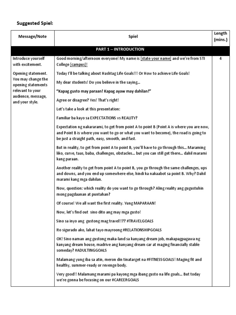 Suggested Spiel:: Message/Note Spiel Length (Mins.) | PDF | Sales ...