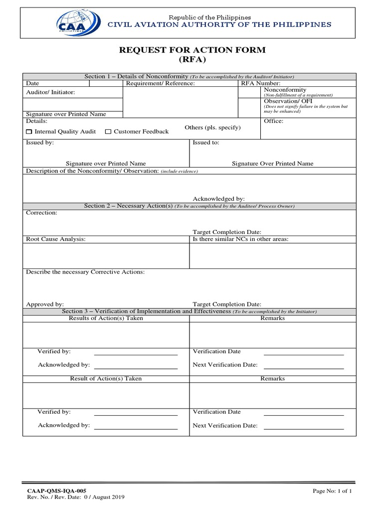 CAAP-QMS-IQA-005 - Request For Action Form | PDF | Business ...