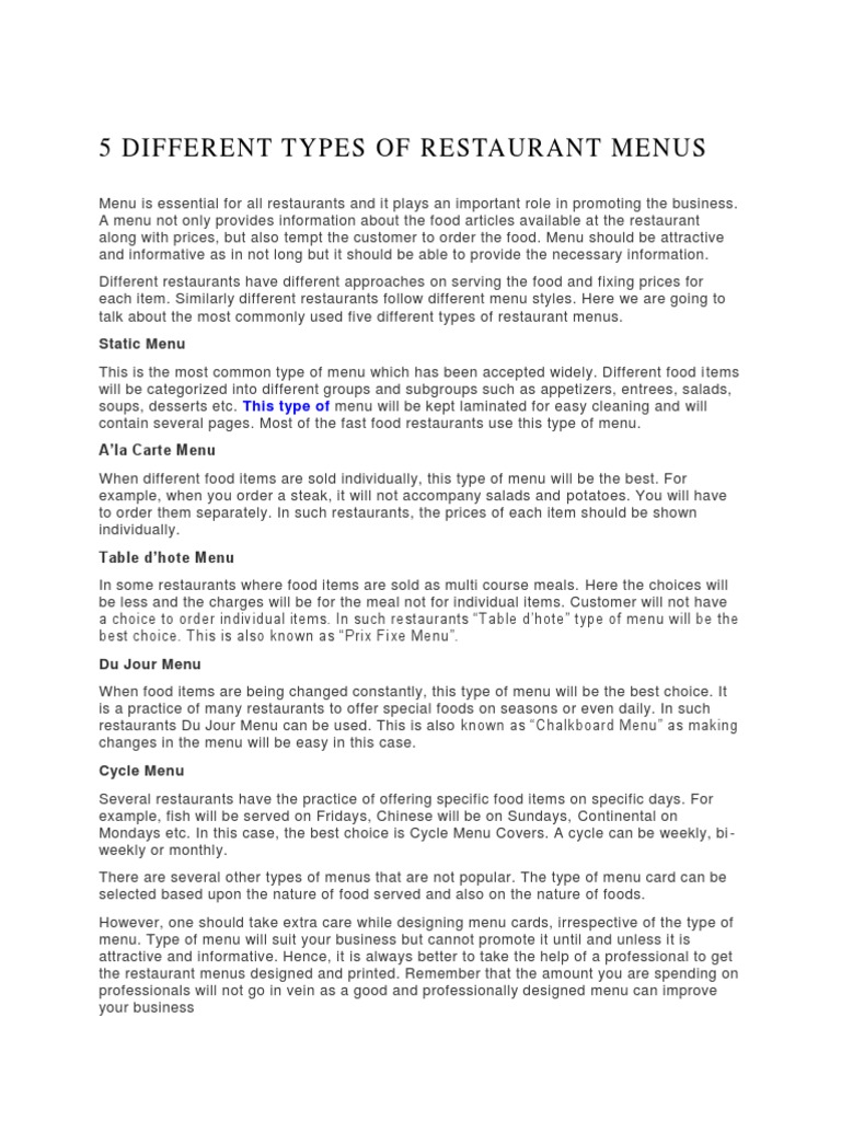Five Types of Restaurant Menus | PDF | Menu | Hospitality Industry