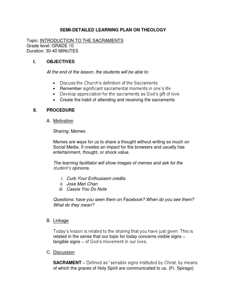 Sacraments Lesson Plan (Modified) | PDF | Grace In Christianity | Eucharist
