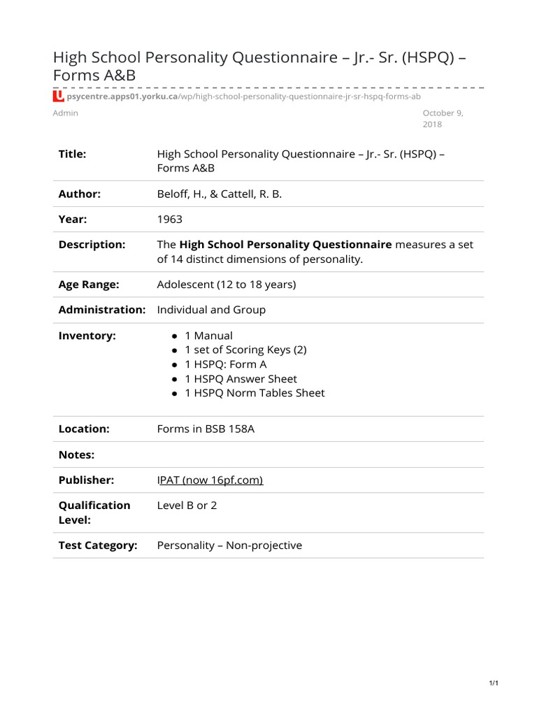 Psycentre - Apps01.yorku - Ca-High School Personality Questionnaire JR ...