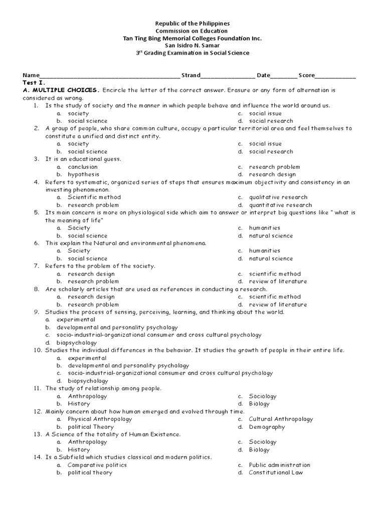 3rd Grading Examination in Social Science: Test Questions Covering Key ...