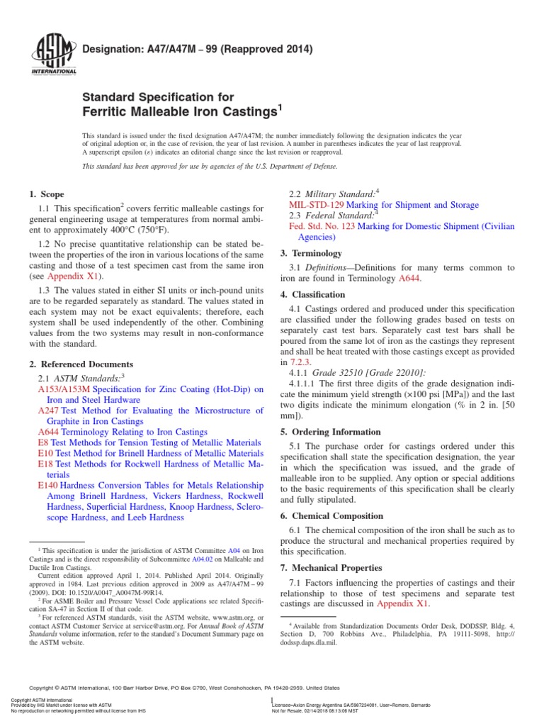 Astm A47-99 | PDF | Hardness | Strength Of Materials
