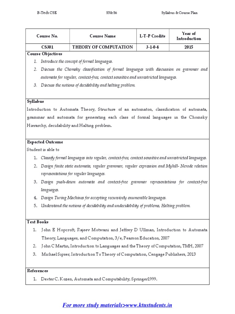 Cs301 Theory Of Computation Syllabus Cse Semesters 5 Pdf Theory Of Computation