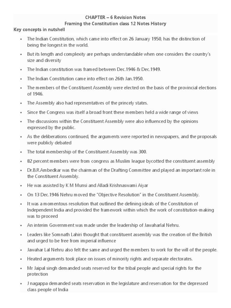 CHAPTER - 6 Revision Notes Framing The Constitution Class 12 Notes ...
