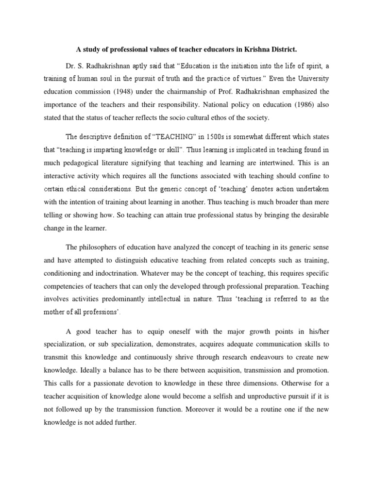 A Study of Professional Values of Teacher Educators in Krishna District ...