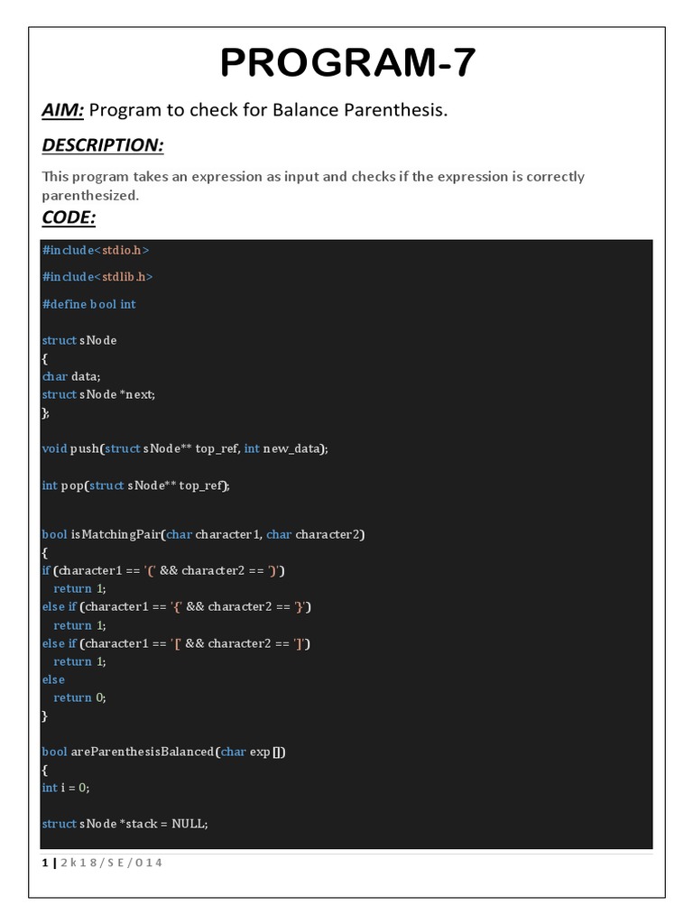 Program-7: AIM: Program To Check For Balance Parenthesis. Description | PDF