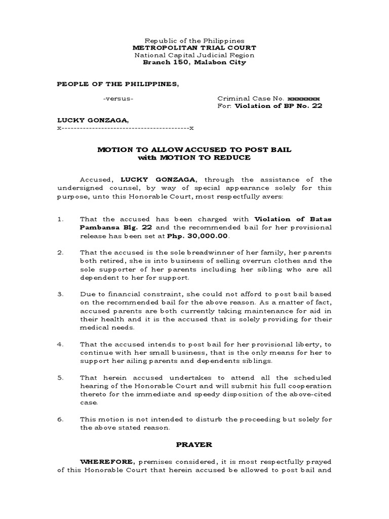 Motion To Allow Accused To Post Bail With Motion To Reduce Bail | PDF | Bail | Prosecutor
