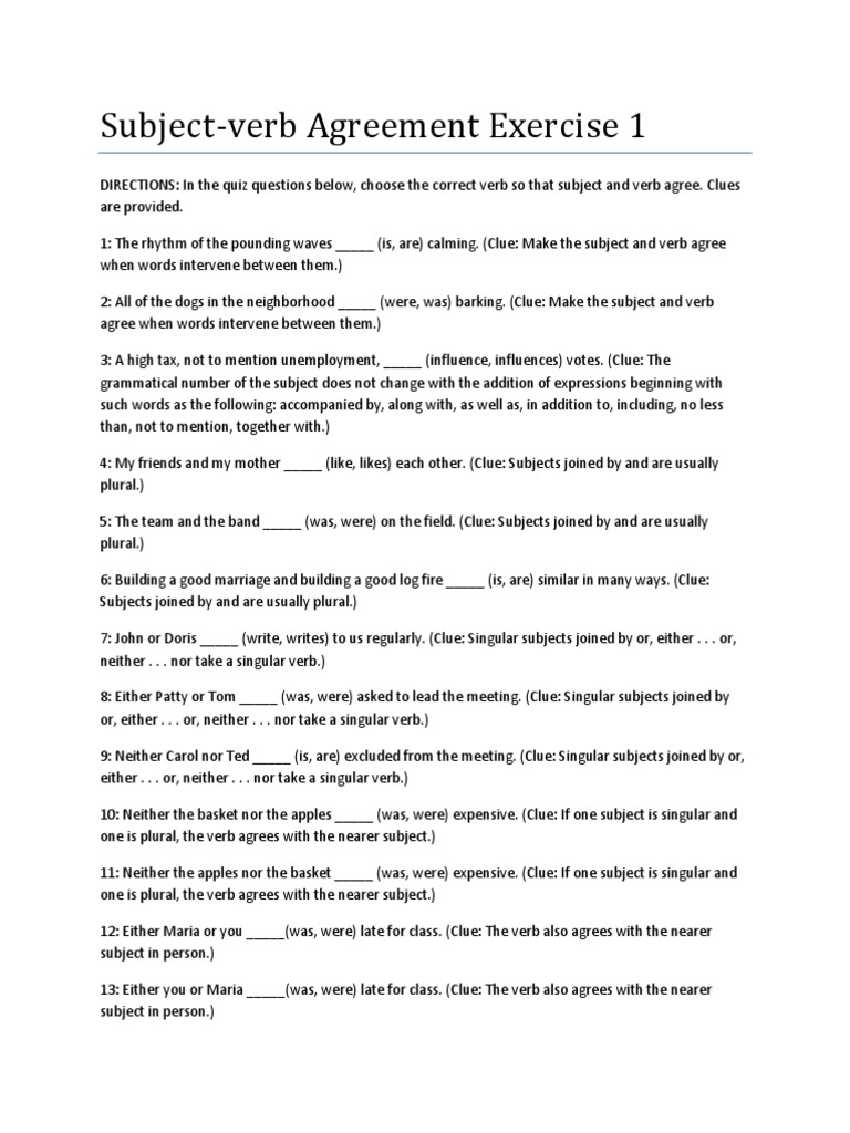 Sub Verb Exercise 1 | PDF | Grammatical Number | Verb